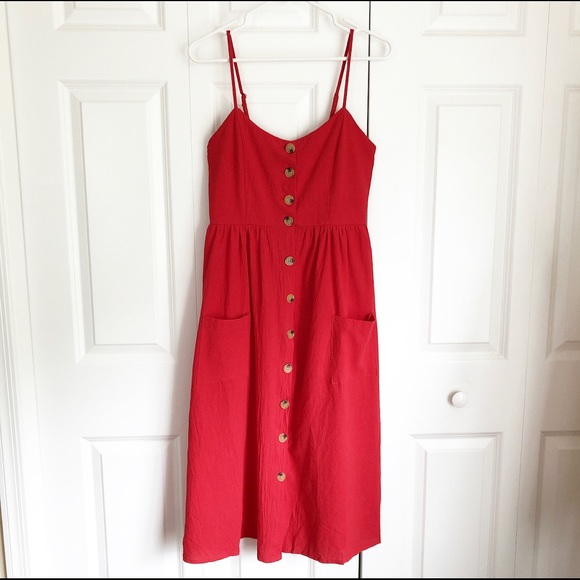 Dresses | New Red Button Down Midi Dress With Pockets | Poshmark